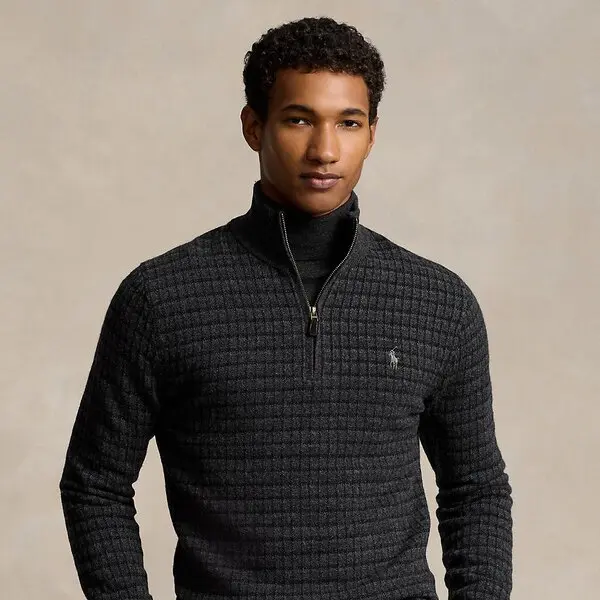 Ralph Lauren Plaid Wool Quarter-Zip Sweater In Charcoal Combo - 39
